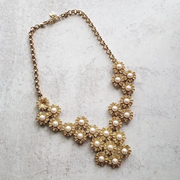 Talbots | Jewelry | Talbots Statement Necklace Gold Pearl Flowers ...